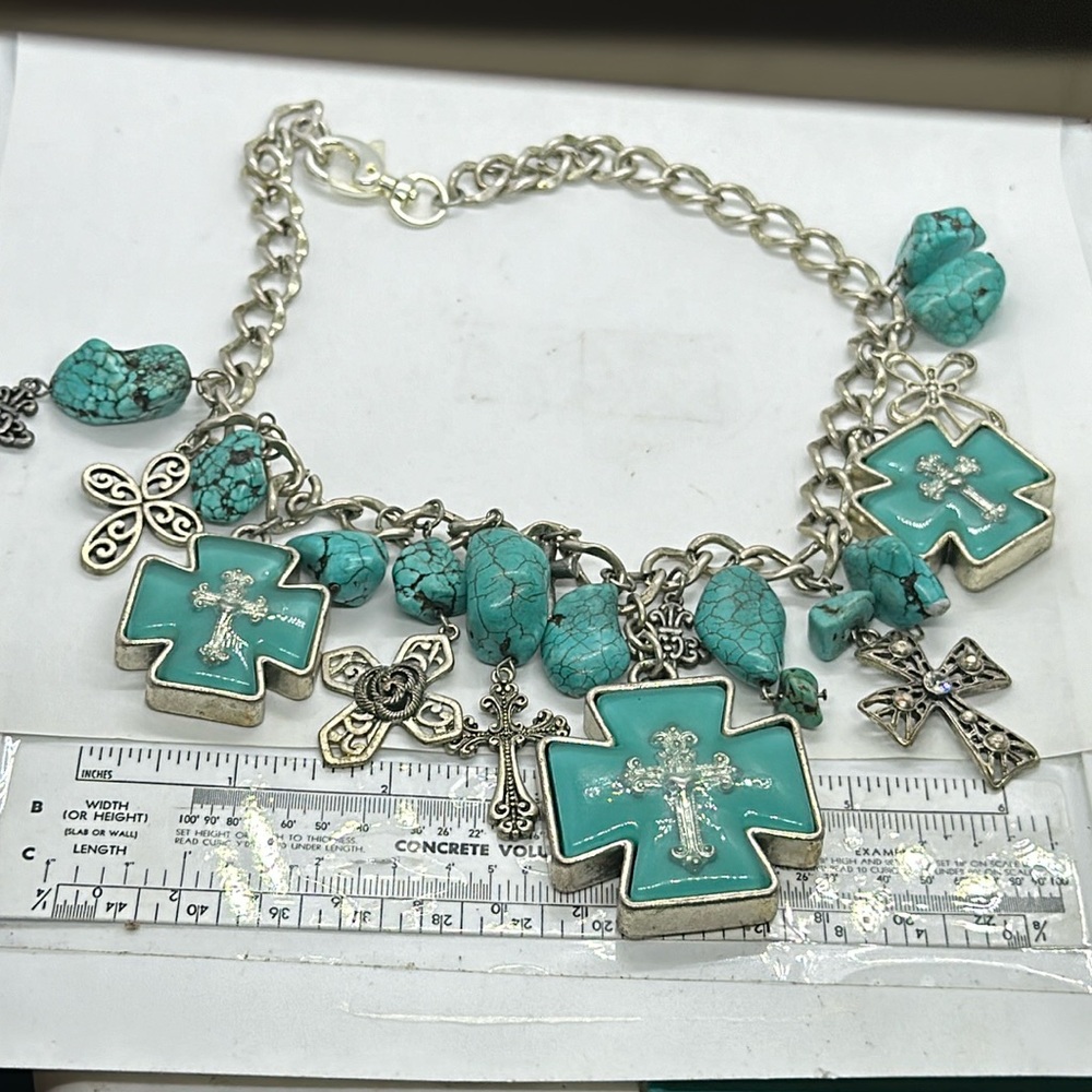 Chunky Turquoise Cross Necklace Silver Toned - Gem